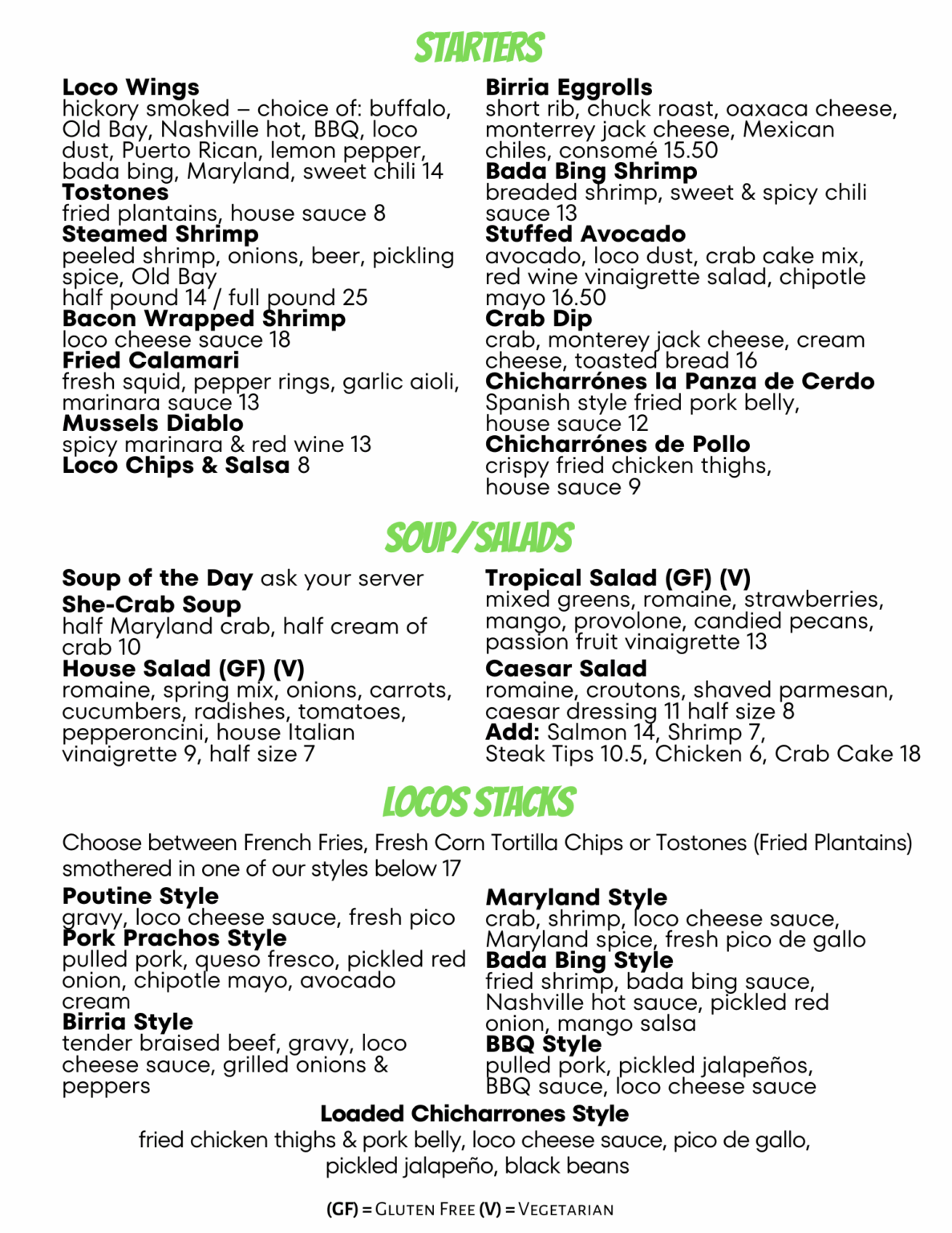 Menu of Tony Locos Restaurant for Puerto Rican & Italian Food